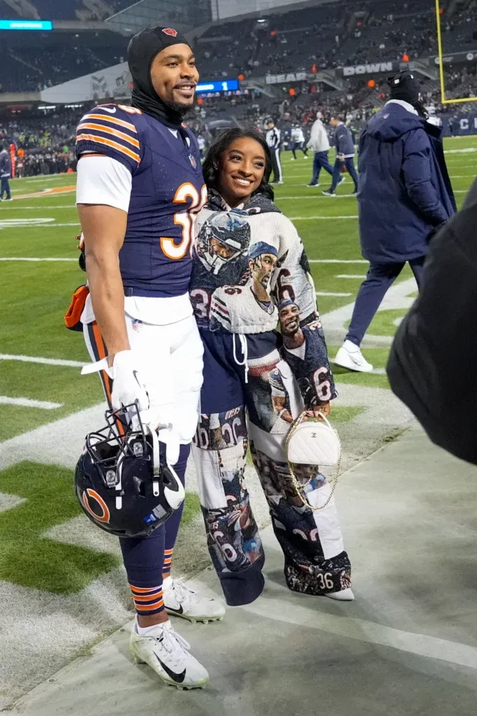 Simone Biles Stuns at Bears Game in Custom Ensemble Featuring Photos of ...